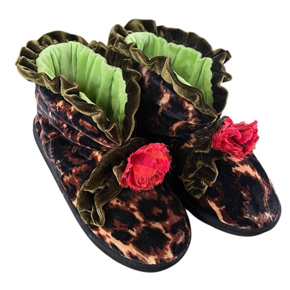 Goody | Shoes | Goody Velvet Leopard Print Slippers Booties Sm Ruffle ...